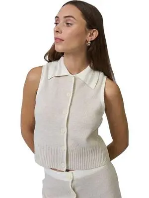 Central Park West Celeste Tweed Yarn Collared Top Sand