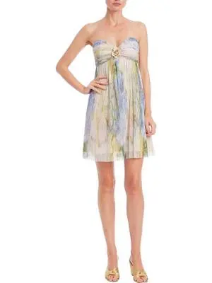 Badgley Mischka Marble Floral Print Strapless Cocktail Dress - Blue Multi