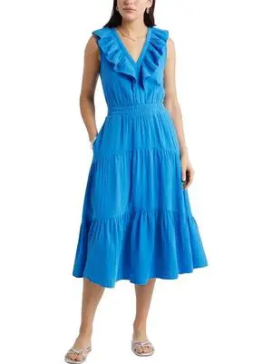 Caslon Ruffle Sleeveless Tiered Cotton Midi Dress - Blue Palace