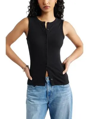 OPEN EDIT Ribbed Button-up Tank - Black