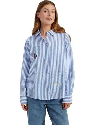 Chinti & Parker Cotton Oxford Striped Floral Shirt - Blue