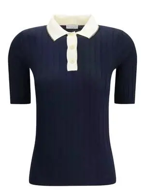 Brunello Cucinelli Ribbed Knit Button Polo Top - Blue