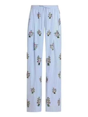 Dolce & Gabbana Striped Poplin Trousers With Crystal Flower Embroidery Blue