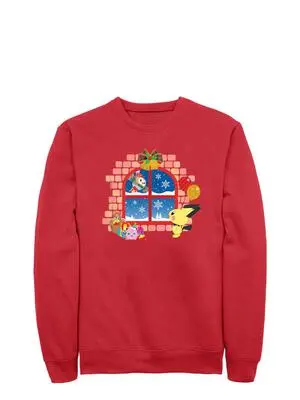 POKEMON Christmas Window Graphic Crewneck Sweatshirt - Red