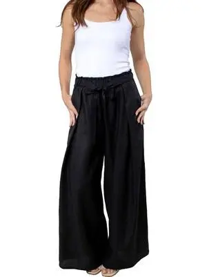 LEISURE LAB Linen High Rise Wide Leg Pants With Tie Waist - Black