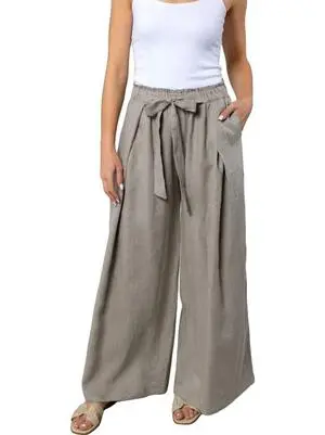 LEISURE LAB Linen High Rise Wide Leg Pants With Tie Waist - Cappuccino