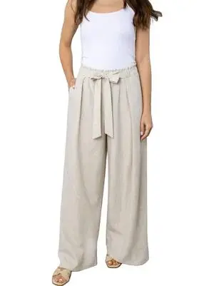 LEISURE LAB Linen High Rise Wide Leg Pants With Tie Waist - Oatmeal