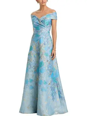 Rickie Freeman For Teri Jon Off-the-shoulder Side Drape A-line Gown - Light Blue Multi
