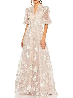 Mac Duggal Queen Anne Puff Sleeve A-line Gown - Blush