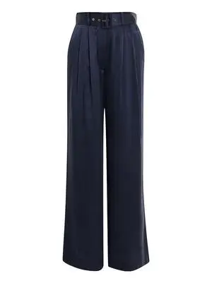 Zimmermann Belted Pleated Washed Silk Wide-leg Pants - Navy