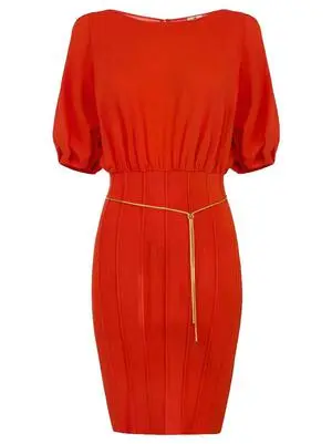 Elisabetta Franchi Ribbed Knit Belted Puff Sleeve Dress - Red