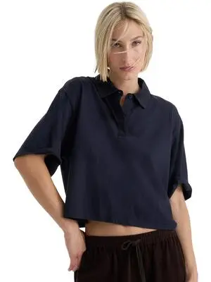 ATM Anthony Thomas Melillo Heavyweight Jersey Mixed Media Polo Top - Midnight