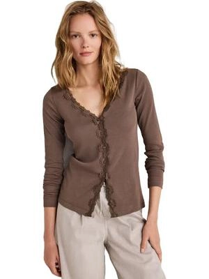 HAVEN WELL WITHIN Organic Cotton Rib Knit Lace Cardigan - Deep Mocha