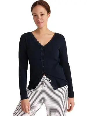 HAVEN WELL WITHIN Organic Cotton Rib Knit Lace Cardigan - Nightfall