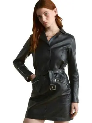 FURNIQ UK Daphne Leather Shirt Dress - Black