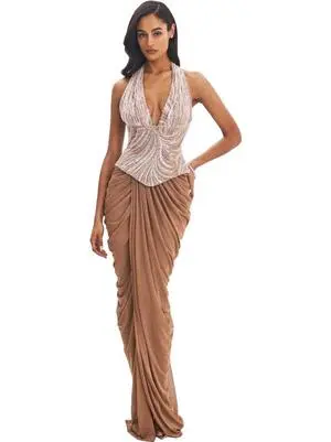 MISS CIRCLE NEW YORK Nancie Beaded Halter Peplum Ruched Maxi Dress
