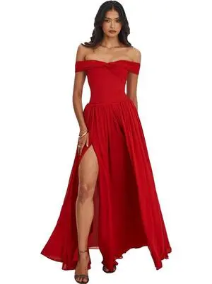 MISS CIRCLE NEW YORK Tereza Georgette Bardot High-slit Maxi Dress - Red