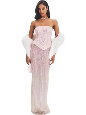 MISS CIRCLE NEW YORK Beaded Gradient Strapless Peplum Maxi Dress