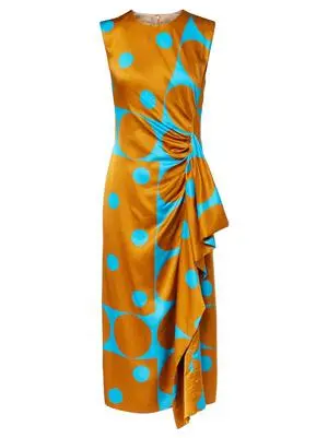 Dries Van Noten Draped Printed Satin Midi Dress Orange