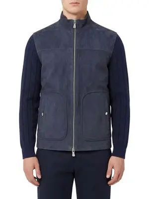 Eleventy Eleventy Zip-Up Suede Jacket With Knit Sleeves Blue