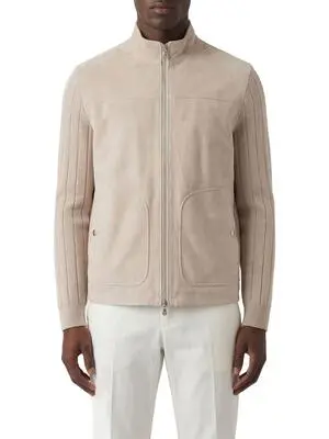 Eleventy Eleventy Zip-Up Suede Jacket With Knit Sleeves Sand