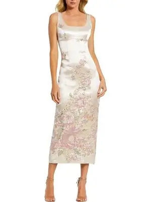 Mac Duggal Slim Strap Scoop Neck Bustier Brocade Midi Dress - Champagne Multi