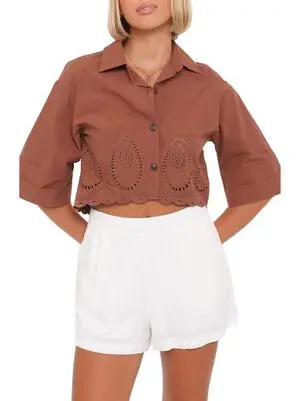 PETAL & PUP Williams Eyelet Scalloped Hem Crop Button-up Shirt - Brown