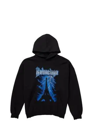 Balenciaga Paris Thunderstorm Distressed Logo-Print Cotton-Jersey Hoodie Black