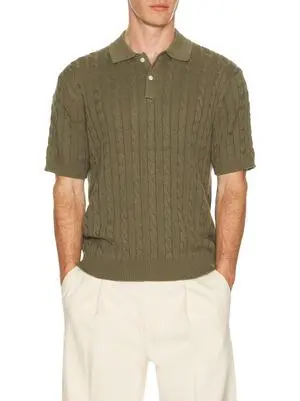 BEAMS Knit Polo Cable In Green - Olive