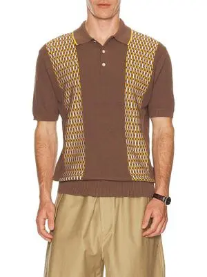 BEAMS Knit Polo Front Stripe Jacquard - Brown