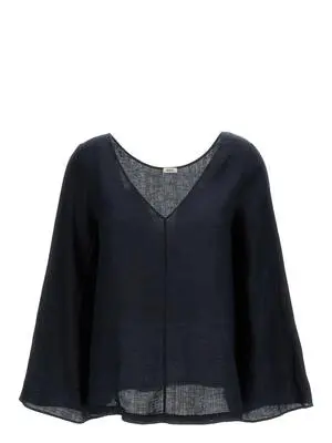 BIFFI V-neck Linen Top - Blu