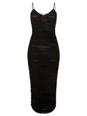 David Koma Lace Rose Embroidered Ruched Midi Dress - Black