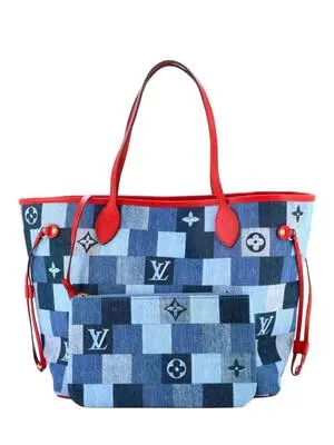 LOUIS VUITTON Neverfull Damier And Monogram Patchwork Denim MM Tote Bag Blue