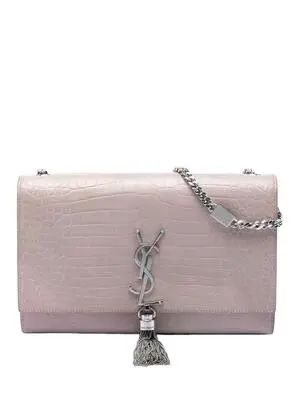 Saint Laurent 2013-2026 Medium Croc Embossed Leather Kate Tassel Crossbody Bag Pink