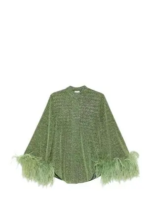 Oseree Feather-trim Blouse - Green