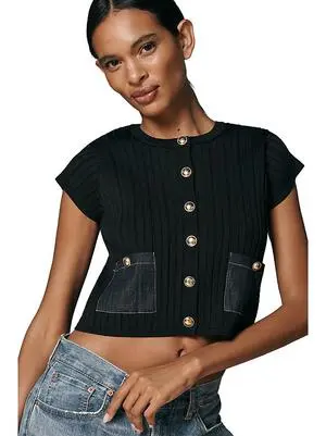 Maeve Cropped Mixed Short-sleeve Sweater - Black