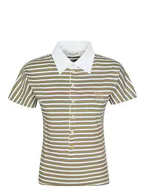 GOLDEN GOOSE Striped Cotton Jersey Polo Top With Kimono Sleeves - Neutrals