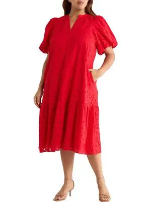 SUGARLIPS Embroidered Cotton Eyelet Dress - Red