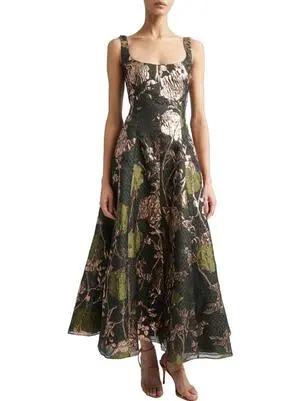 Lela Rose Olivia Floral Fil Coupé Fit & Flare Dress - Cactus Multi