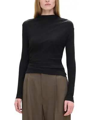 Theory High Neck Gathered Long Sleeve Tee - Black