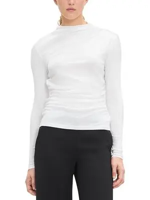 Theory High Neck Gathered Long Sleeve Tee - Ivory