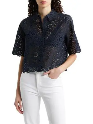 FRAME The Petal Eyelet Crop Shirt - Navy