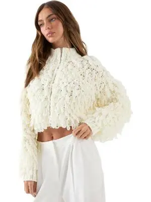 MISSPAP Zip Up Fringe Loop Cardigan - Neutral