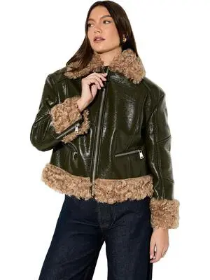 MISSPAP Faux Fur Collar Aviator Jacket - Olive