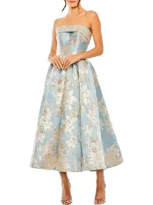 Mac Duggal Strapless Floral Brocade Midi Dress With Pockets - Blue Multi
