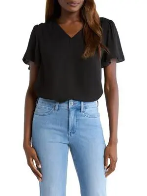 NYDJ Pleated Back Flutter Sleeve Top - Black