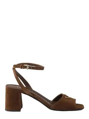Prada Brand-plaque Suede Heeled Sandals - Brown