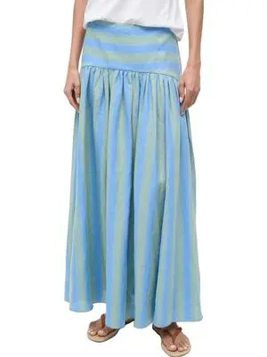STAUD Linen Striped Midi Skirt