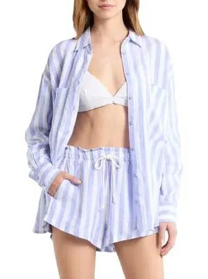 LEFT ON FRIDAY Striped Linen Shirt - Riptide/coconut