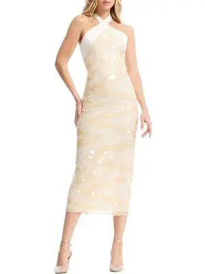 DRESS THE POPULATION Amani Embellished Halter Cocktail Dress
